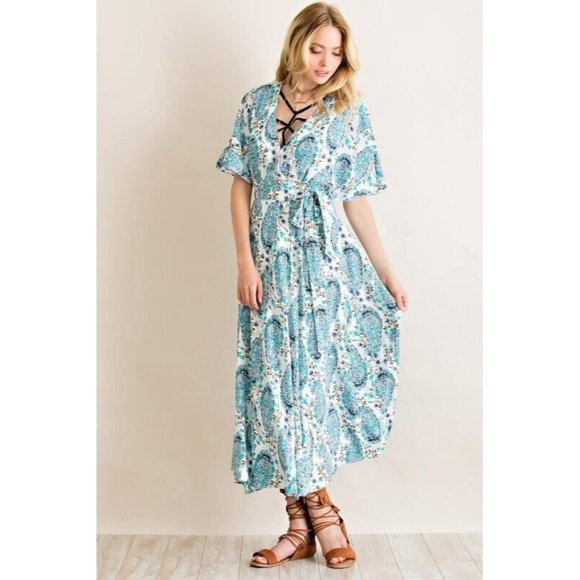 entro | Dresses | Blue White Paisley Entro Boho Peasant Low Cut Flutter ...